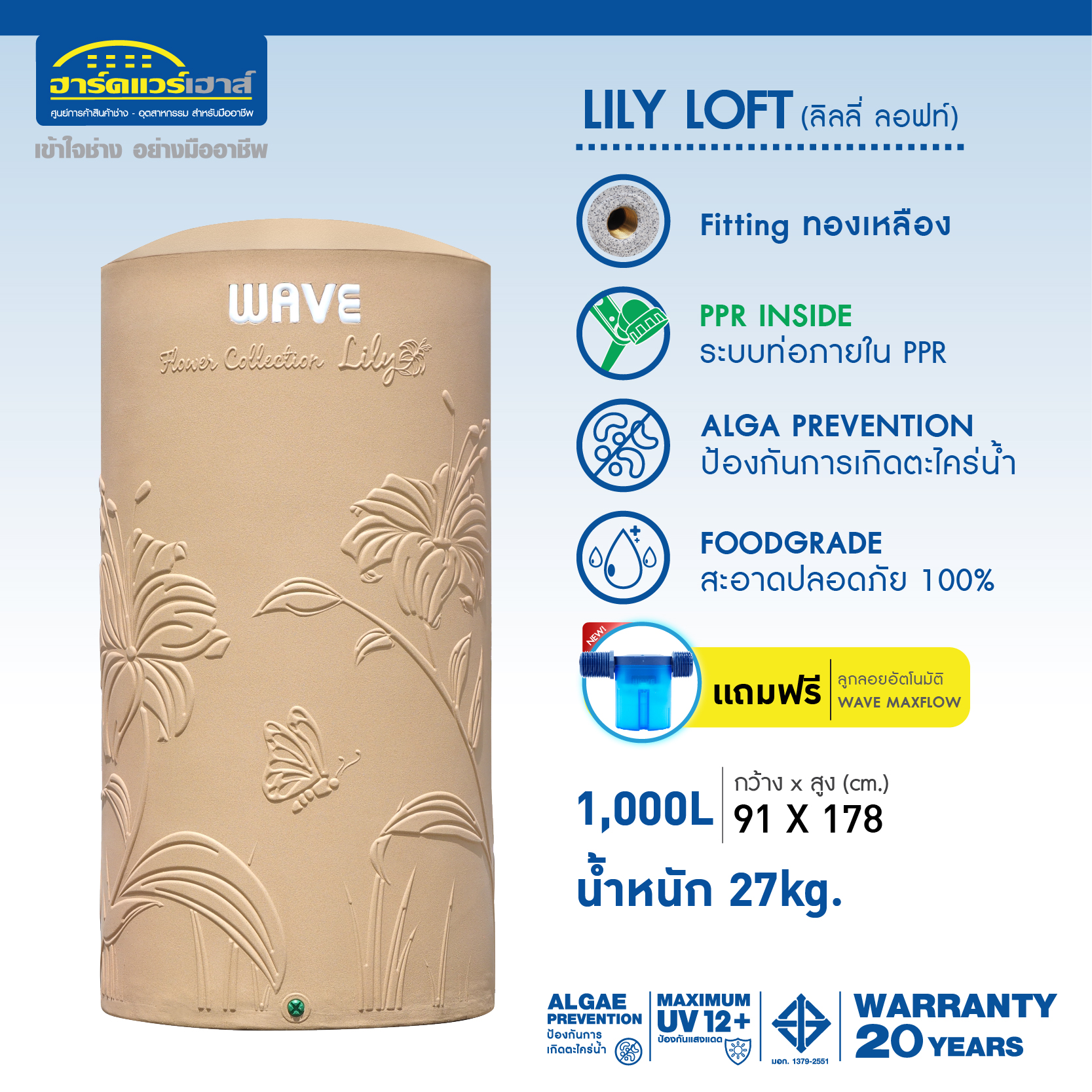 Hardwarehouse : Truly Professional Online - ถังน้ำบนดินLILY LOFT-1000L ...